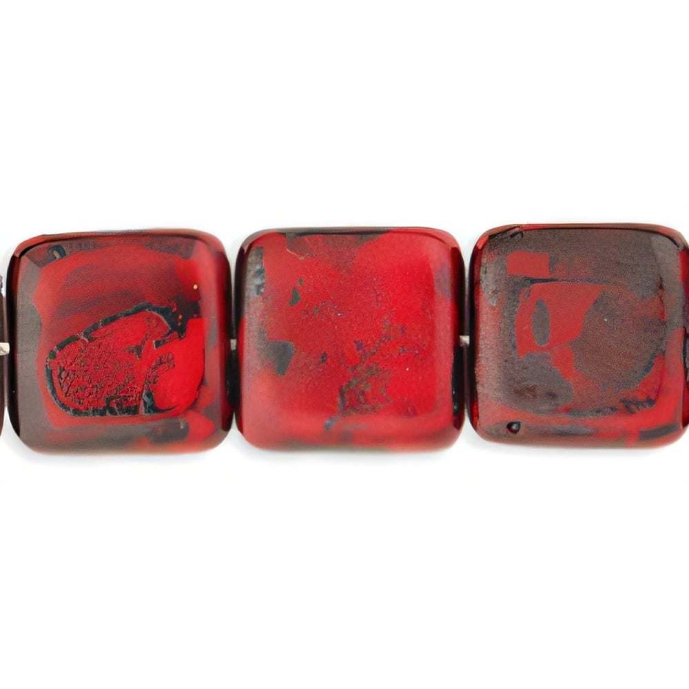 Czech Flat Squares 9mm Opaque Red - Black Picasso (25pcs) — Beadaholique