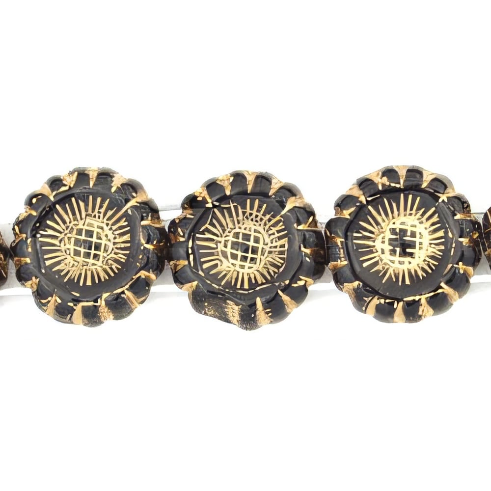 Czech Two Hole Sunflowers 12mm Jet - Gold Inlay (25pcs) — Beadaholique